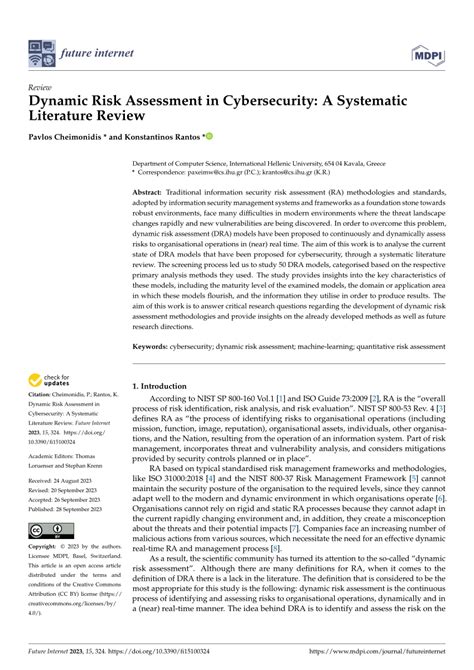 Pdf Dynamic Risk Assessment In Cybersecurity A Systematic Literature Review