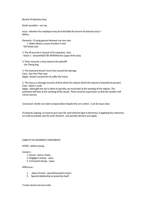 Breach Of Statutory Duty Breach Of Statutory Duty Devlin Quesion