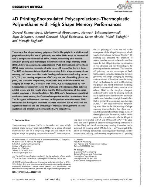 Pdf 4d Printing‐encapsulated Polycaprolactonethermoplastic Polyurethane With High Shape