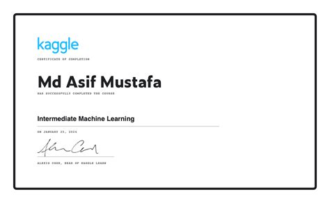 Md Asif Mustafa Completed The Intermediate Machine Learning Course On