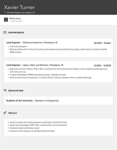 Lead Engineer Resume Samples Velvet Jobs