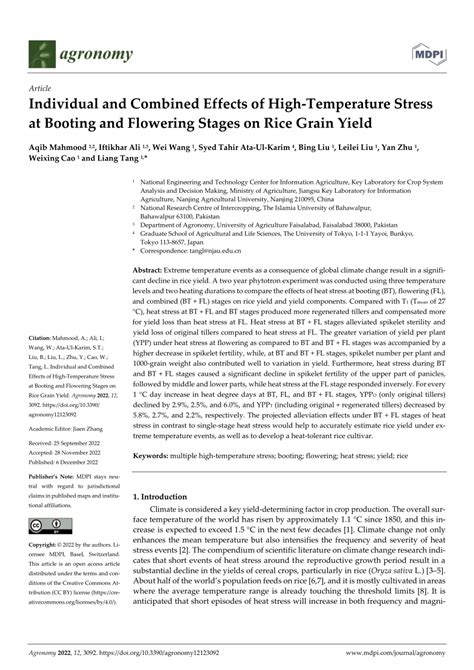 Pdf Individual And Combined Effects Of High Temperature Stress At Booting And Flowering Stages
