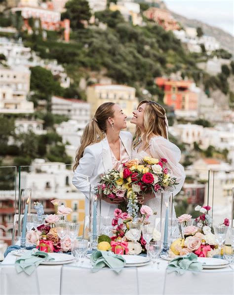 Colourful Same Sex Elopement In Positano With Bridal Suit And Short Wedding Dress