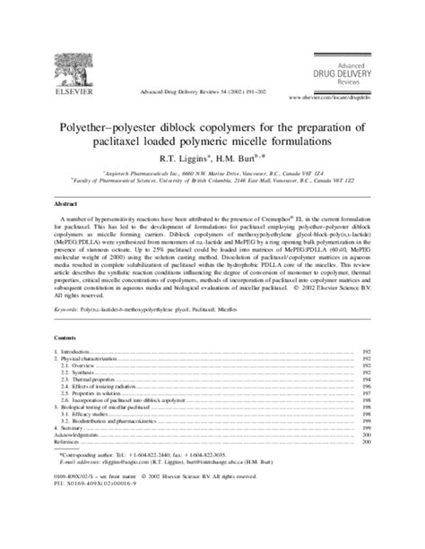 Pdf Polyetherpolyester Diblock Copolymers For The Preparation Of Paclitaxel Loaded Polymeric
