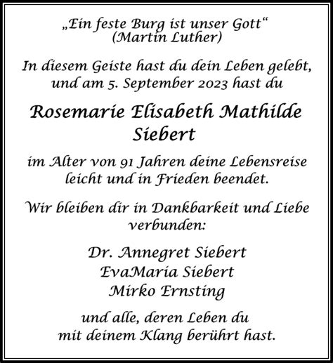 Traueranzeigen Von Dr Annegret Siebert Eva Maria Siebert Mirko Ernsting Shz Trauer
