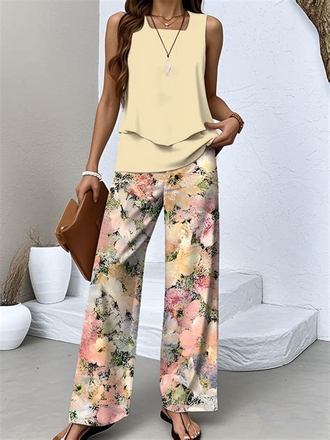 Women Floral Two Piece Set Daily Sleeveless Casual Summer Top With