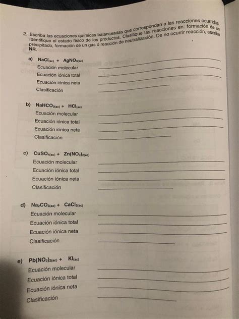 Solved Escriba Las Ecuaciones Químicas Balanceadas Que