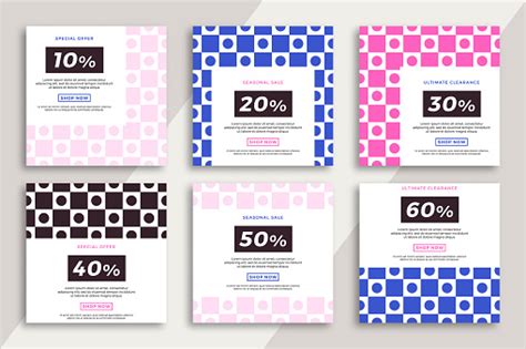 트렌디 한 기하학적 패턴의 정사각형 광고 웹 배너 세트 소셜 미디어 모바일 응용 프로그램을위한 현대 판매 및 할인 프로모션