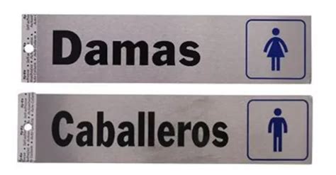 2 Letreros Baños Damas Caballeros 20x5 Cm Aluminio Inox Meses sin interés