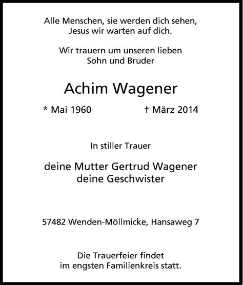 Traueranzeigen Von Achim Wagener Trauer In NRW De