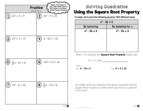 Solving Quadratics Using Square Root Property Guided Notes By Math Stop