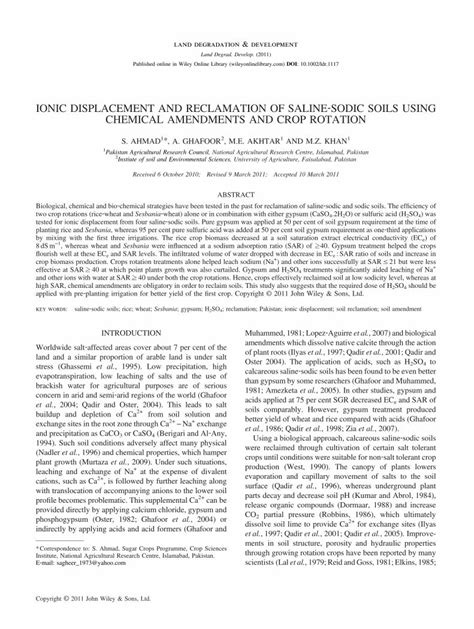 Pdf Ionic Displacement And Reclamation Of Saline Sodic Soils Using
