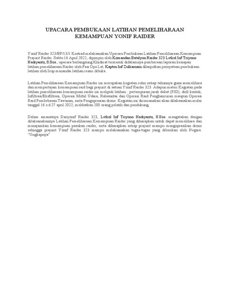 Upacara Pembukaan Latihan Pemeliharaan Kemampuan Yonif Raider Pdf Bisnis Sains And Matematika
