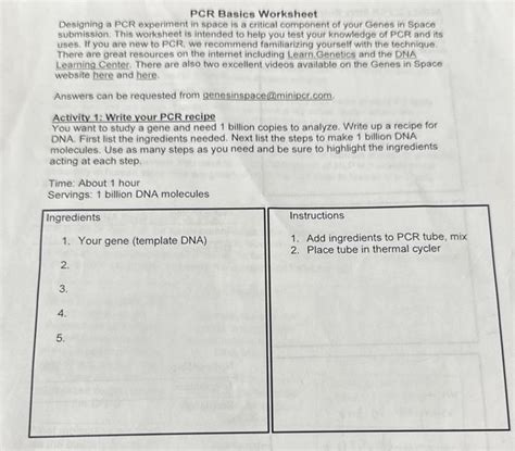 Pcr Basics Worksheet Designing A Pcr Experiment In