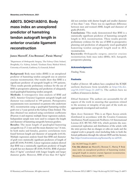 Pdf Ab073 Soh21as010 Body Mass Index An Unexplored Predictor Of Hamstring Tendon Autograft
