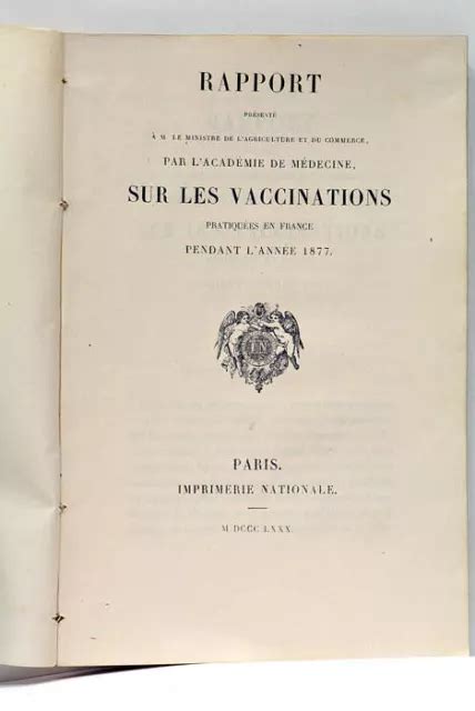 RAPPORT SUR LES Vaccinations Pratiquées En France Paris 1880 EUR 55 00