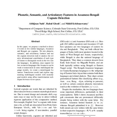 Phonetic Semantic And Articulatory Features In Assamese Bengali