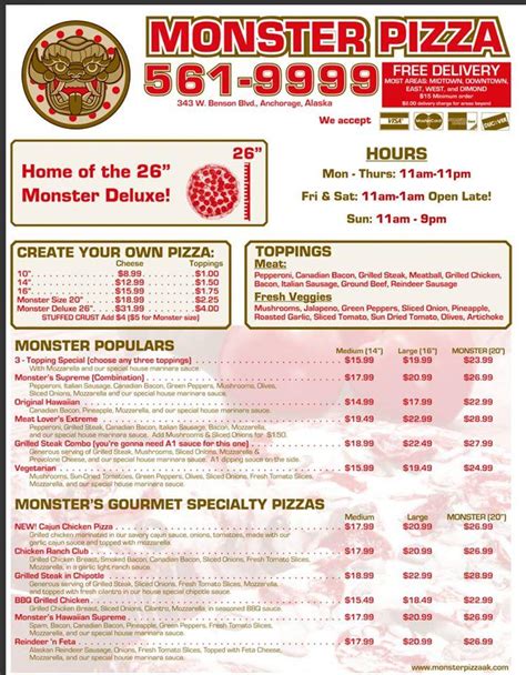 Menu At Monster Pizza Pizzeria Anchorage