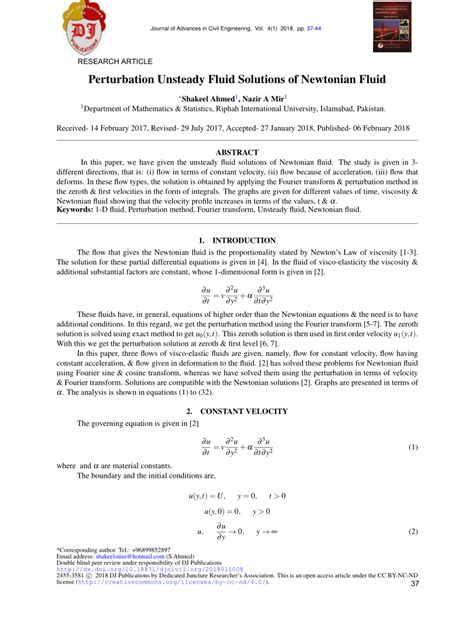 PDF Perturbation Unsteady Fluid Solutions Of Newtonian Fluid
