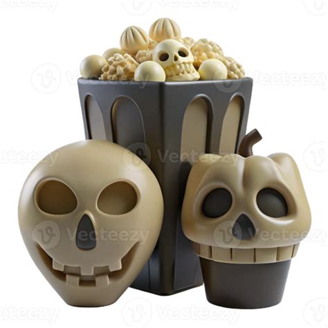 Spooky Halloween Treats Skull Shaped Candy And Popcorn In A Bucket