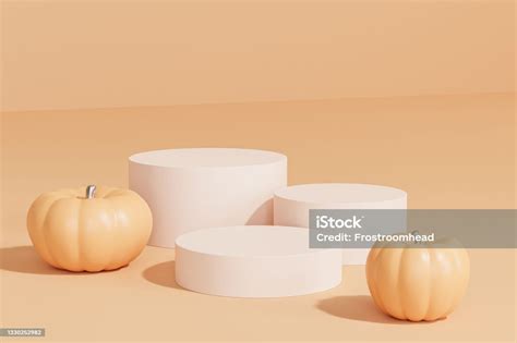 오렌지 배경 3d 렌더링에 가을 휴일에 대한 표시 또는 광고 에 대한 호박과 연단 또는 받침대 0명에 대한 스톡 사진 및 기타 이미지 Istock