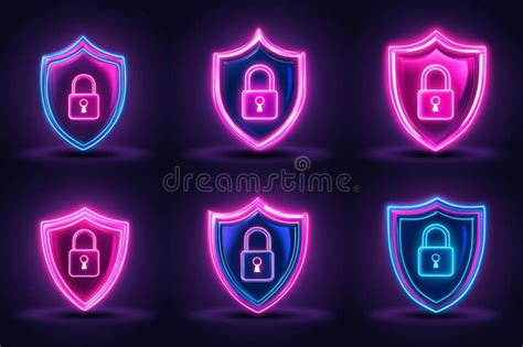 Neon Shield Icons Padlocks Glowing In Dark Digital Space Representing Online Security Data