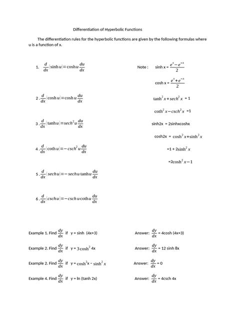 Differentiation Of Hyperbolic Functions Pdf Classical Geometry