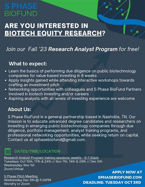 S Phase Biofund Research Analyst Training Program Bret Career