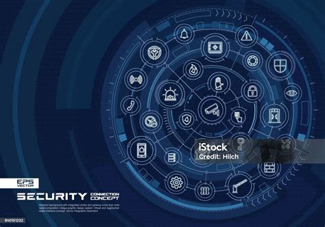 추상 보안 액세스 제어 배경 디지털 통합된 원 빛나는 얇은 라인 아이콘 시스템에 연결 합니다 보안 카메라에 대한 스톡 벡터 아트