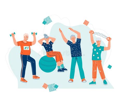 Elderly Senior Active People Cartoon Characters Doing Sport Exercises