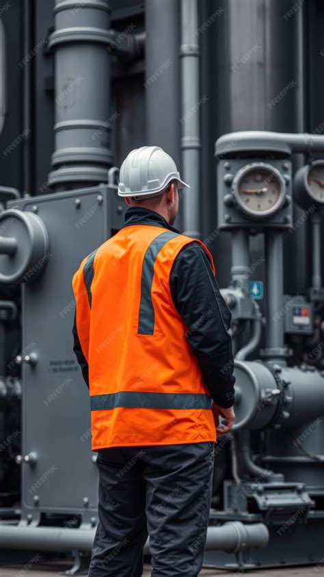 Industrial Worker In Safety Gear Standing In Front Of Machinery