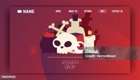 부두 상점 배너 웹 사이트 디자인 벡터 일러스트 가마솥과 큰 병에 유독 한 물질과 액체 불타는 촛불 교차 된 뼈와 안구두개골