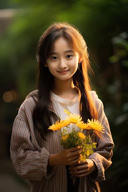 Premium Ai Image Beautiful Taiwanese Young Girl Holding Flowers In