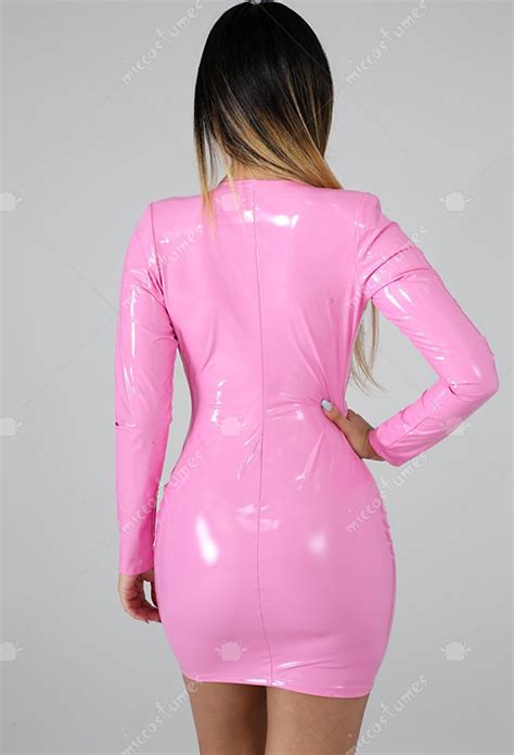 Sexy Pu Leder Kleid Lingerie V Ausschnitt Lange Arm Kleid