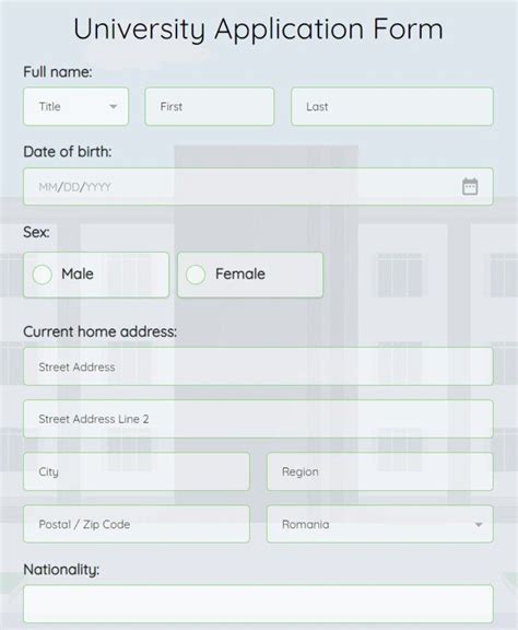 University Application Form Template Free 123formbuilder