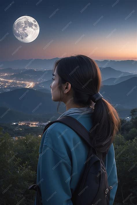 Premium Photo A Girl Looking At The Moon In The Sky