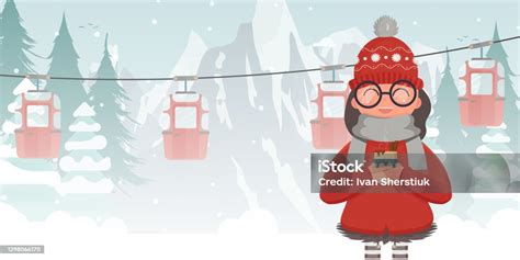 겨울 옷을 입은 소녀가 뜨거운 음료를 들고 있습니다 케이블카 또는 푸니쿨라케이블 텍스트 공간이 있는 배너입니다 벡터 그림입니다