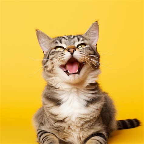 Premium Photo Happy Cat Smiling On Isolated Yellow Background