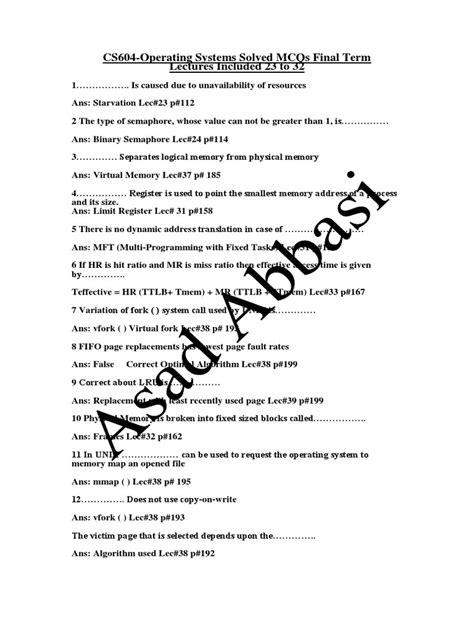 Cs604 Operating Systems Solved Mcqsfor Final Term Lec 23 To 32 With Reference By Me Pdf