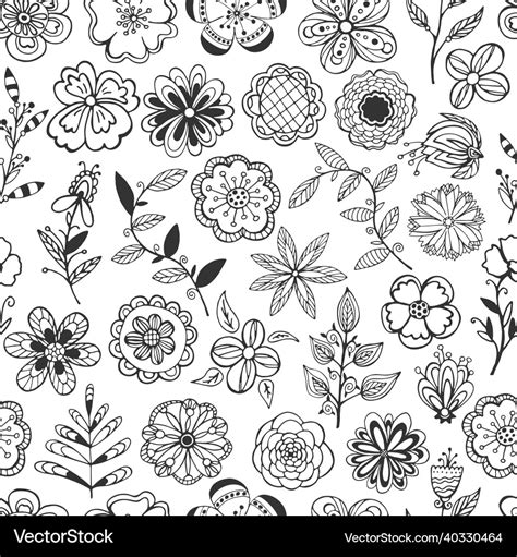 Hand Drawn Seamless Pattern Of Blooming Flowers Vector Image