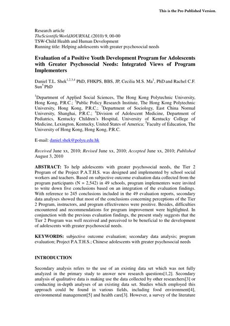 Pdf Evaluation Of A Positive Youth Development Program For