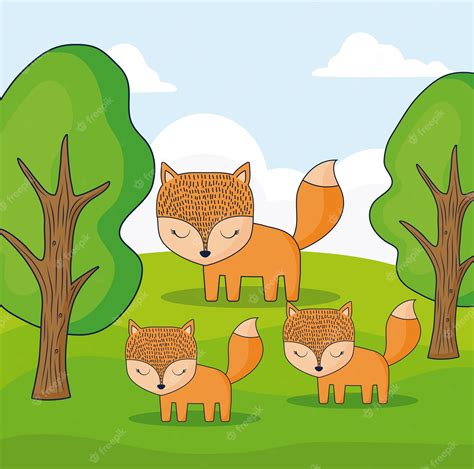 Lindos Zorros En Un Bosque Vector Premium