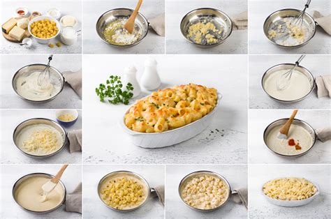 맥앤치즈 요리 치즈 소스에 미국식 파스타 콜라주 단계별로 직접 해보기 재료 요리 단계 밝은 회색 배경에 최종 요리 마카로니에