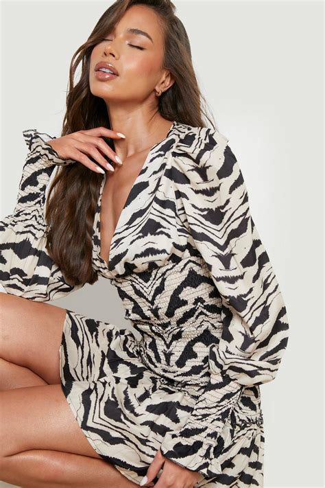 Puff Sleeve Skater Dress Zebra Print Boohoo Usa
