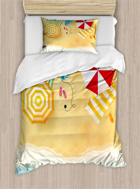 Beach Twin Size Duvet Cover Set Beach Waves With Umbrella Towels And