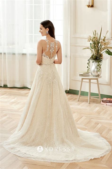 Illusion Lace Neckline Classic Sleeveless Wedding Dress Xdressy