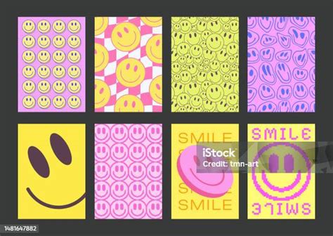 멋진 그루비 패턴 포스터 컬렉션 Y2k 텍스처 세트입니다 트렌디한 추상 기하학적 90년대 배경 펑키 레트로 빈티지 배경 사람 같은 웃는 얼굴에 대한 스톡 벡터 아트 및 기타