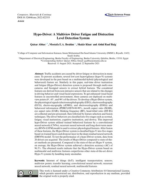 Pdf Hypo Driver A Multiview Driver Fatigue And Distraction Level Detection System