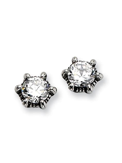 Stainless Steel Antiqued Cz Post Earrings