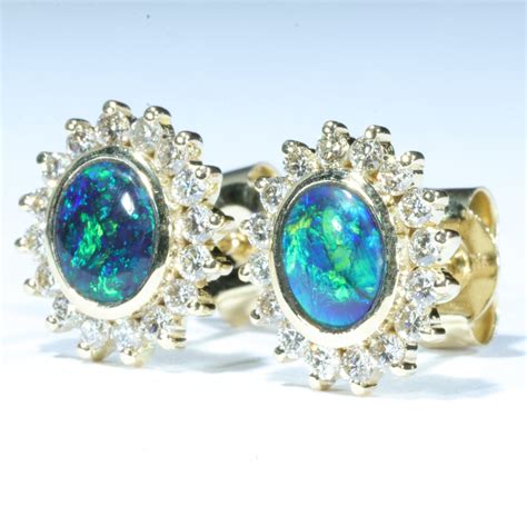 Natural Black Opal Earrings And Diamond 18k Gold